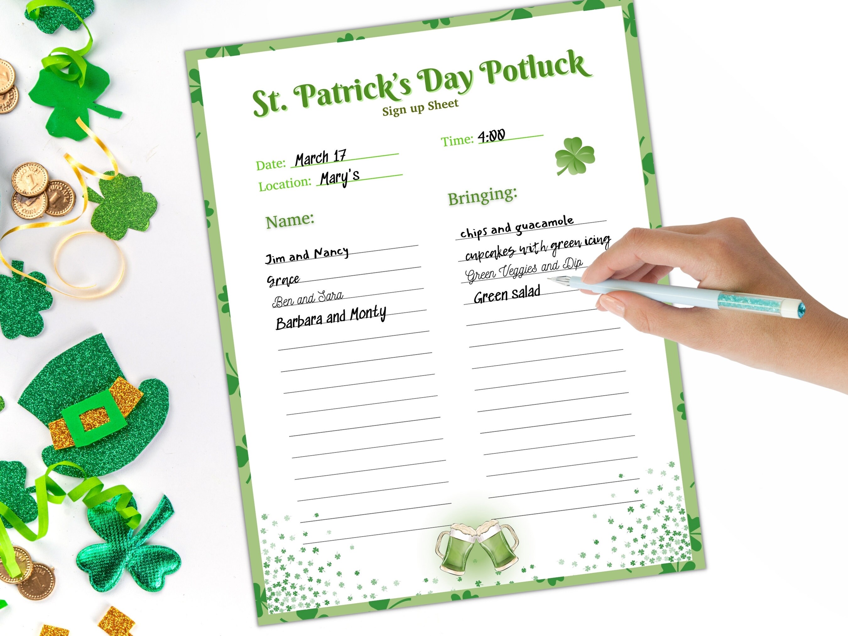 St Patrick's Day Potluck Sign up Sheet, Printable Party Sign up Sheet ...