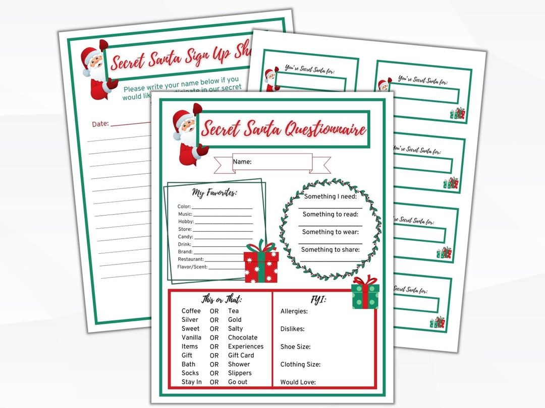 Secret Santa Sign up Sheet and Questionnaire, Printable Secret Santa ...
