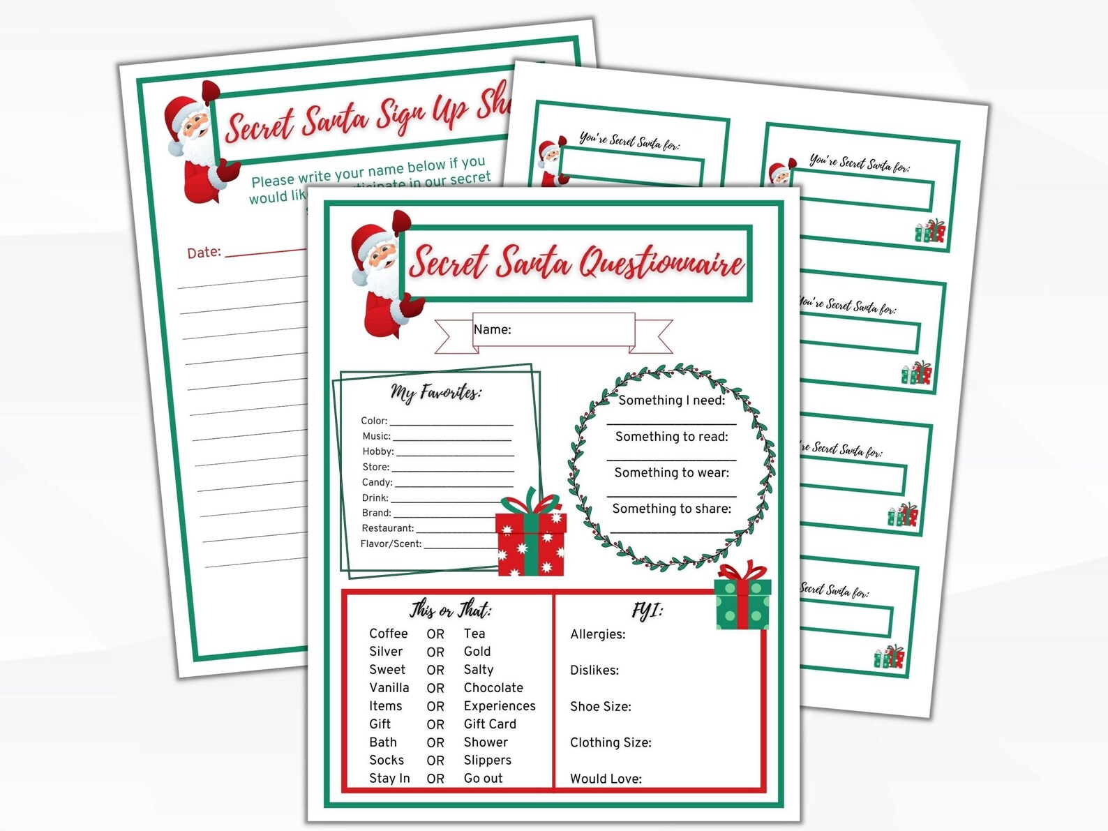Secret Santa Sign up Sheet and Questionnaire, Printable Secret Santa ...