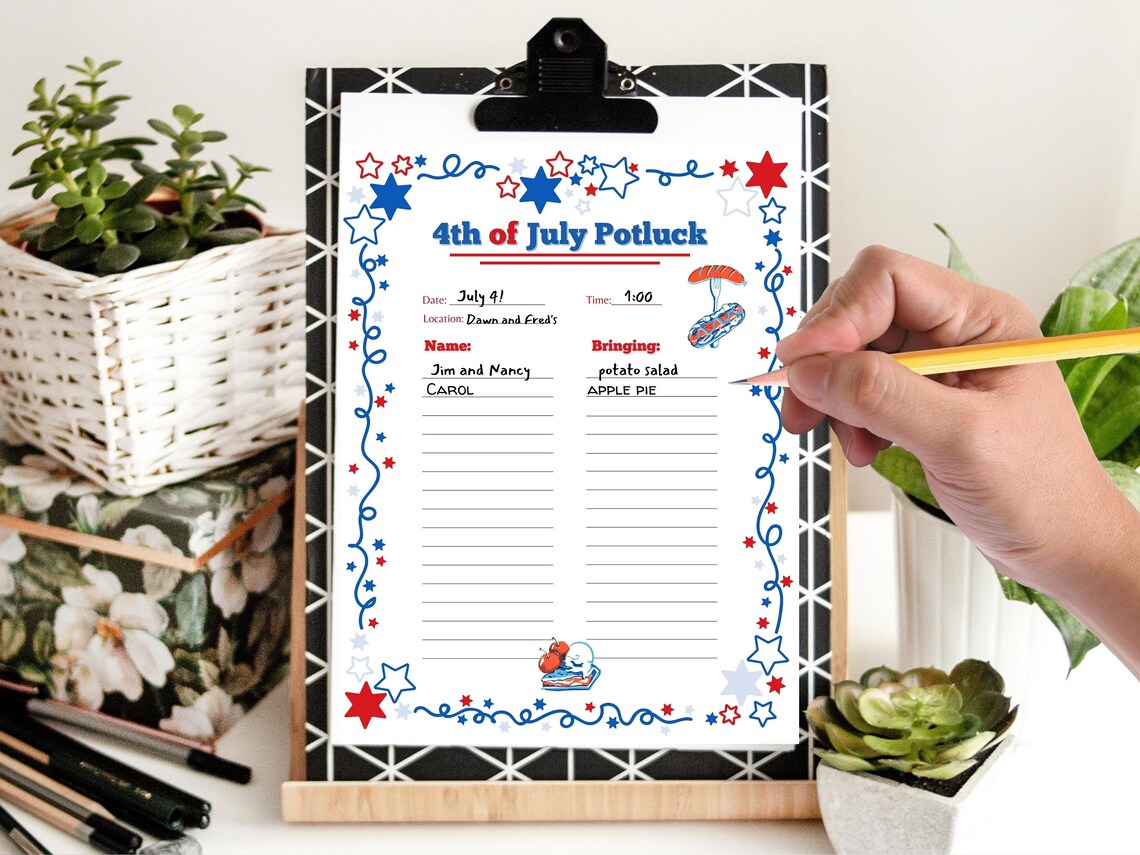 4th of July Potluck Sign-up Sheet: Printable Party Page (digital ...