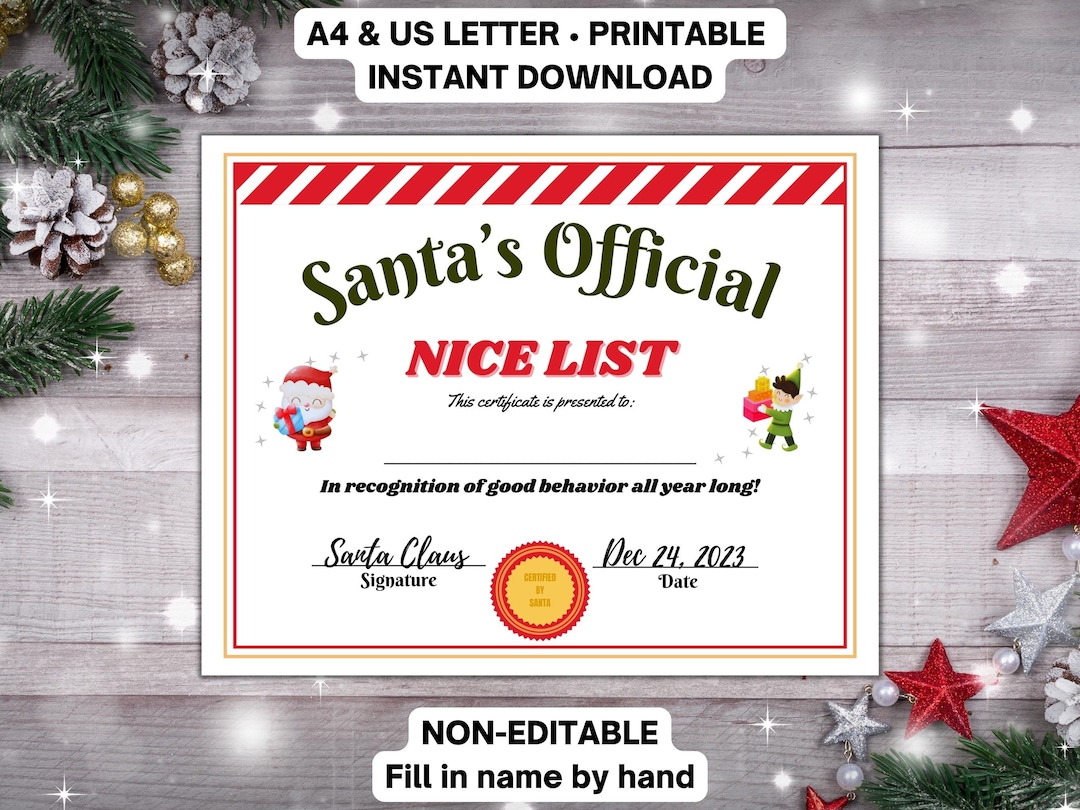 Santa's Nice List Certificate Template Santa's - Etsy