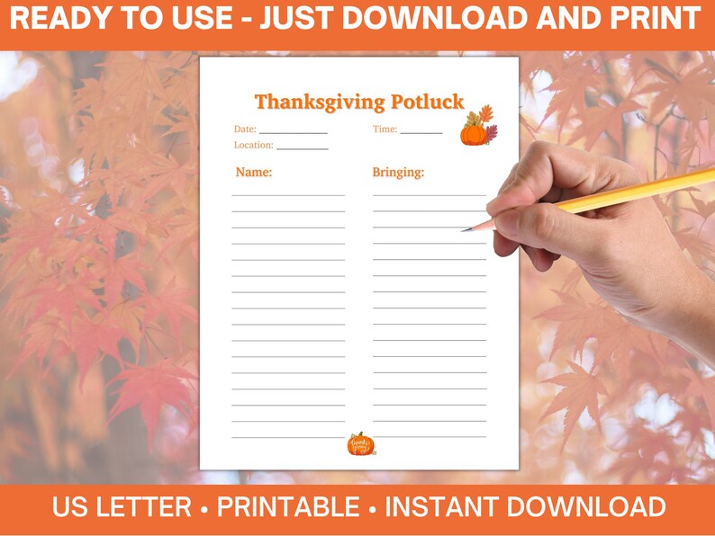 Thanksgiving Potluck Sign up Sheet With Time Column, Food Sign up Sheet ...