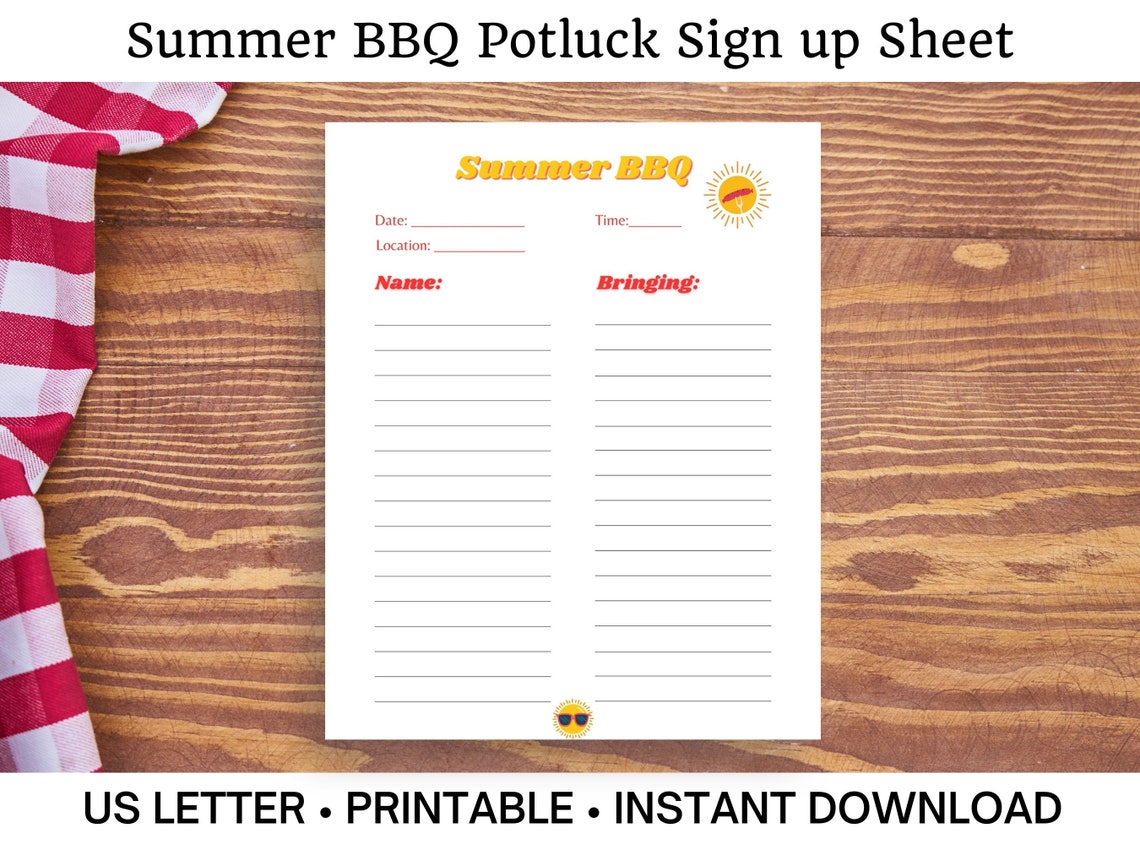 Summer BBQ Potluck Sign up Sheet, Printable Party Snack Sign up Page ...