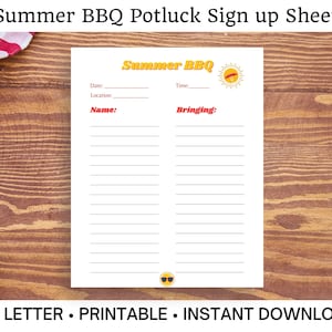 Summer BBQ Potluck Sign up Sheet, Printable Party Snack Sign up Page ...