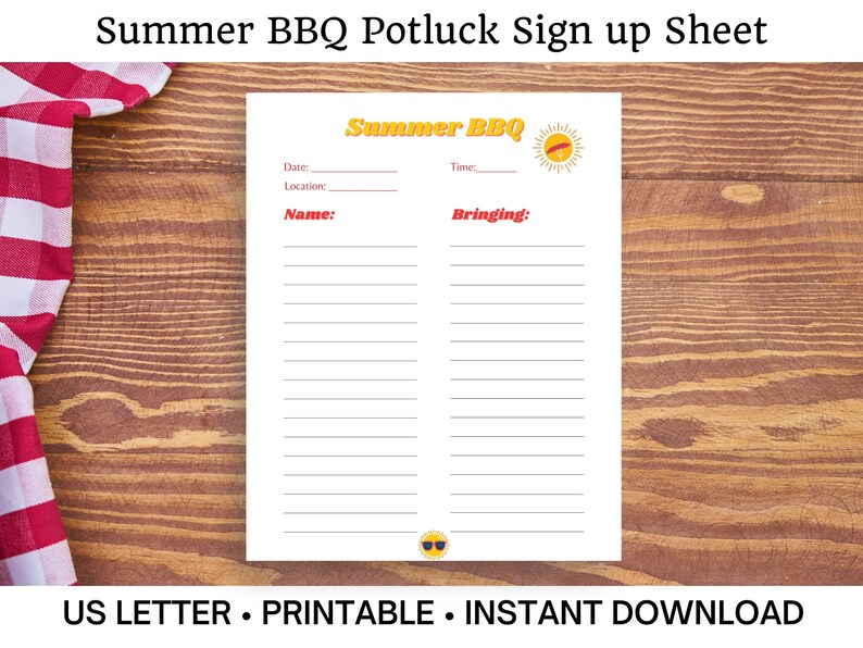 Summer BBQ Potluck Sign up Sheet, Printable Party Snack Sign up Page ...