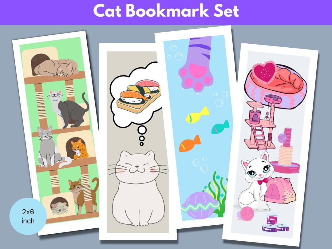 Cute Cat Bookmark Set, Cat Bookmarks Printable, Set of 4 Funny Cat ...