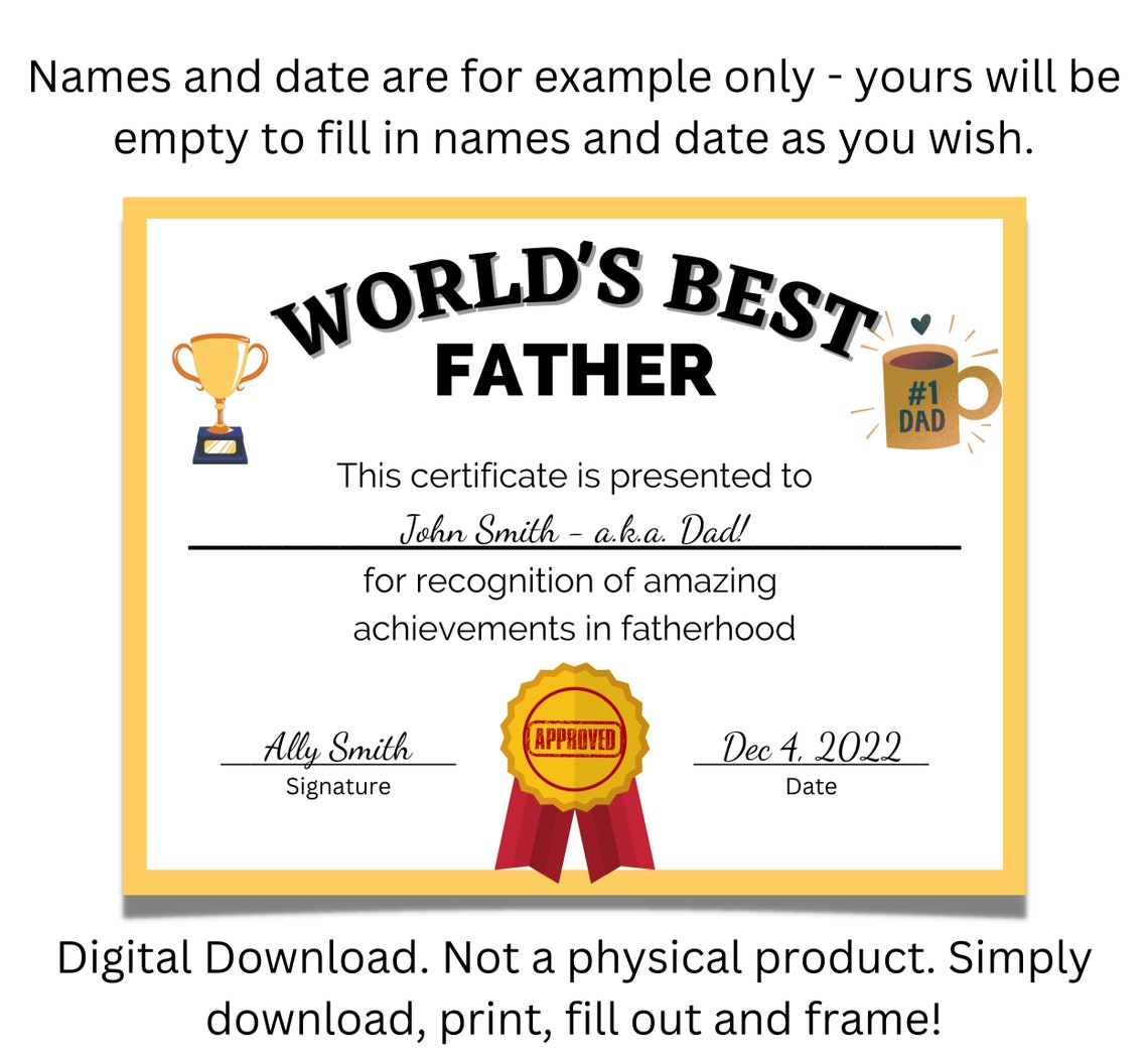 World's Best Father Certificate of Recognition, World's Best Dad Award ...