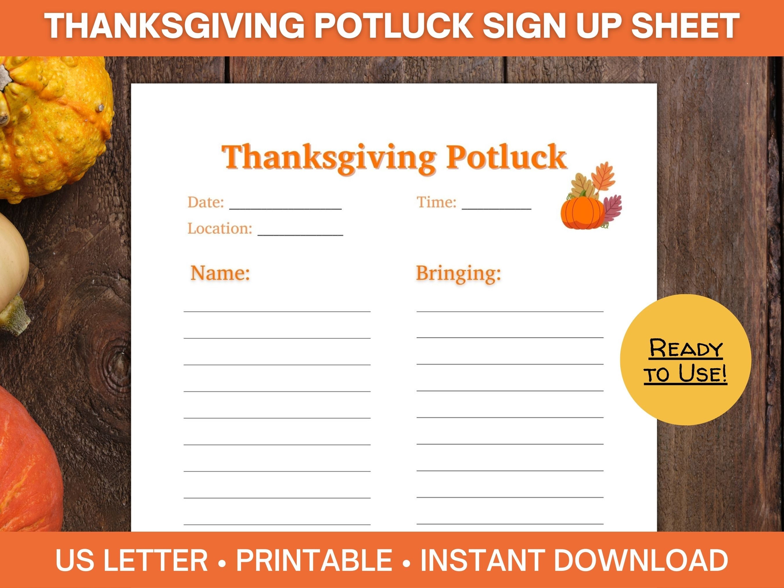 Thanksgiving Potluck Sign up Sheet With Time Column, Food Sign up Sheet ...