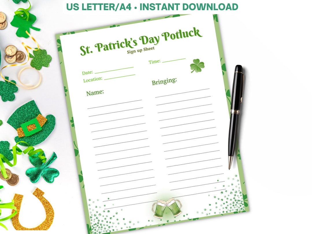 St Patrick's Day Potluck Sign up Sheet, Printable Party Sign up Sheet ...