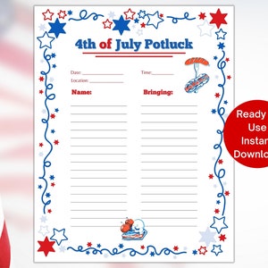 4th of July Potluck Sign-up Sheet: Printable Party Page (digital ...