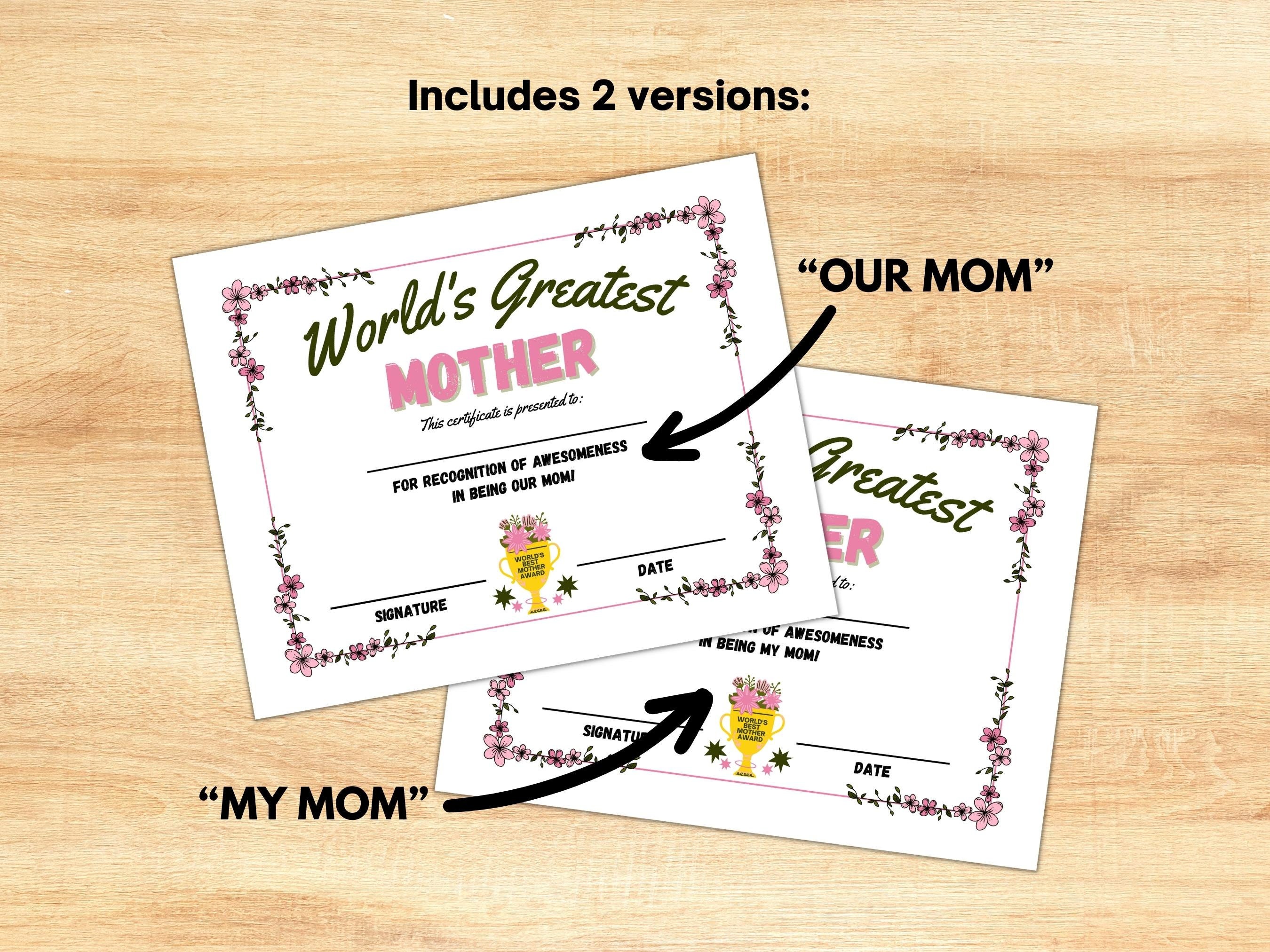 World's Greatest Mother Certificate of Appreciation, Best Mother Award ...