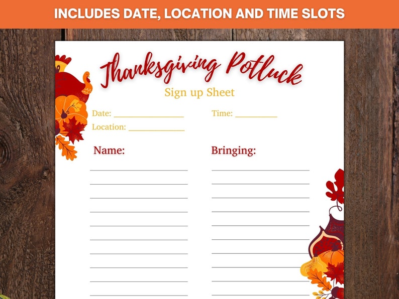 Thanksgiving Potluck Sign up Sheet Printable, Food Sign up Sheet ...