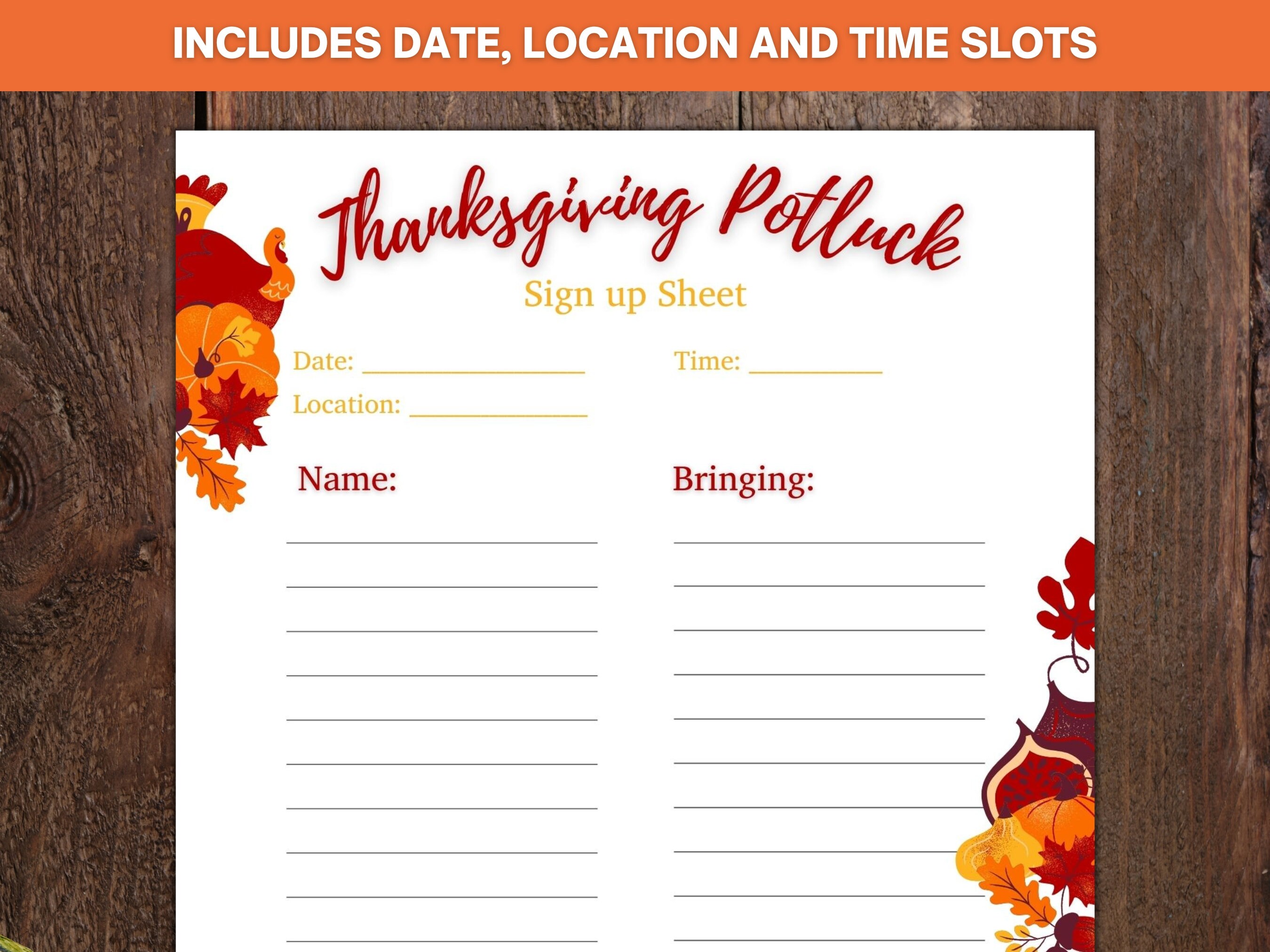 Thanksgiving Potluck Sign up Sheet Printable, Food Sign up Sheet ...
