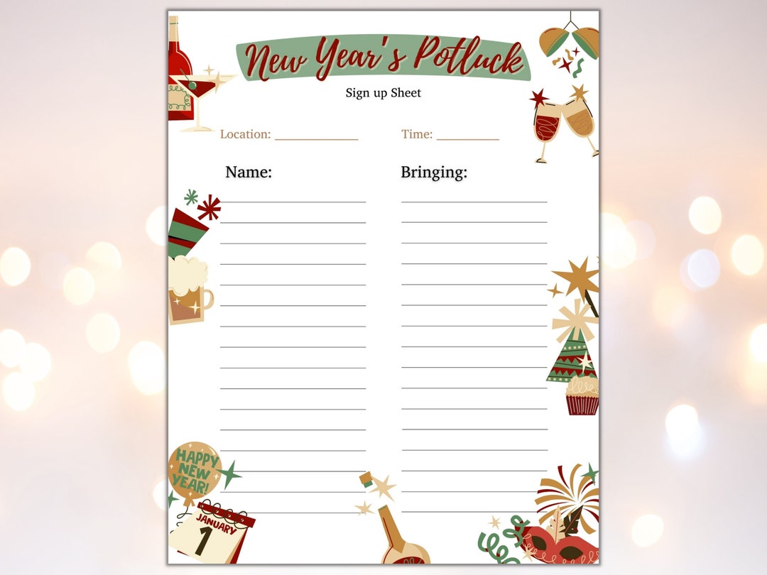 New Year's Potluck Sign up Sheet, New Year's Eve Potluck Signup ...