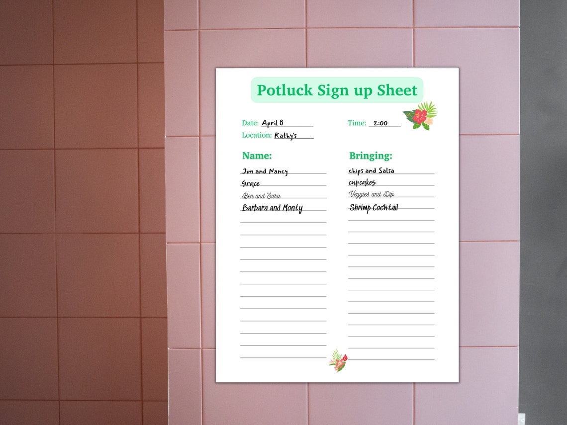 Potluck Sign up Sheet, Food Sign up Sheet, Printable Party Snack Sign ...