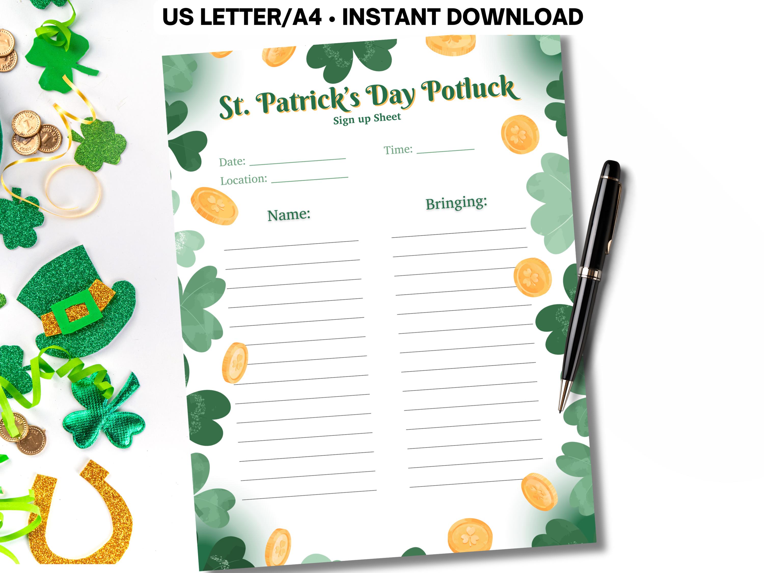 St Patrick's Day Potluck Sign up Sheet, Printable Party Sign up Sheet ...