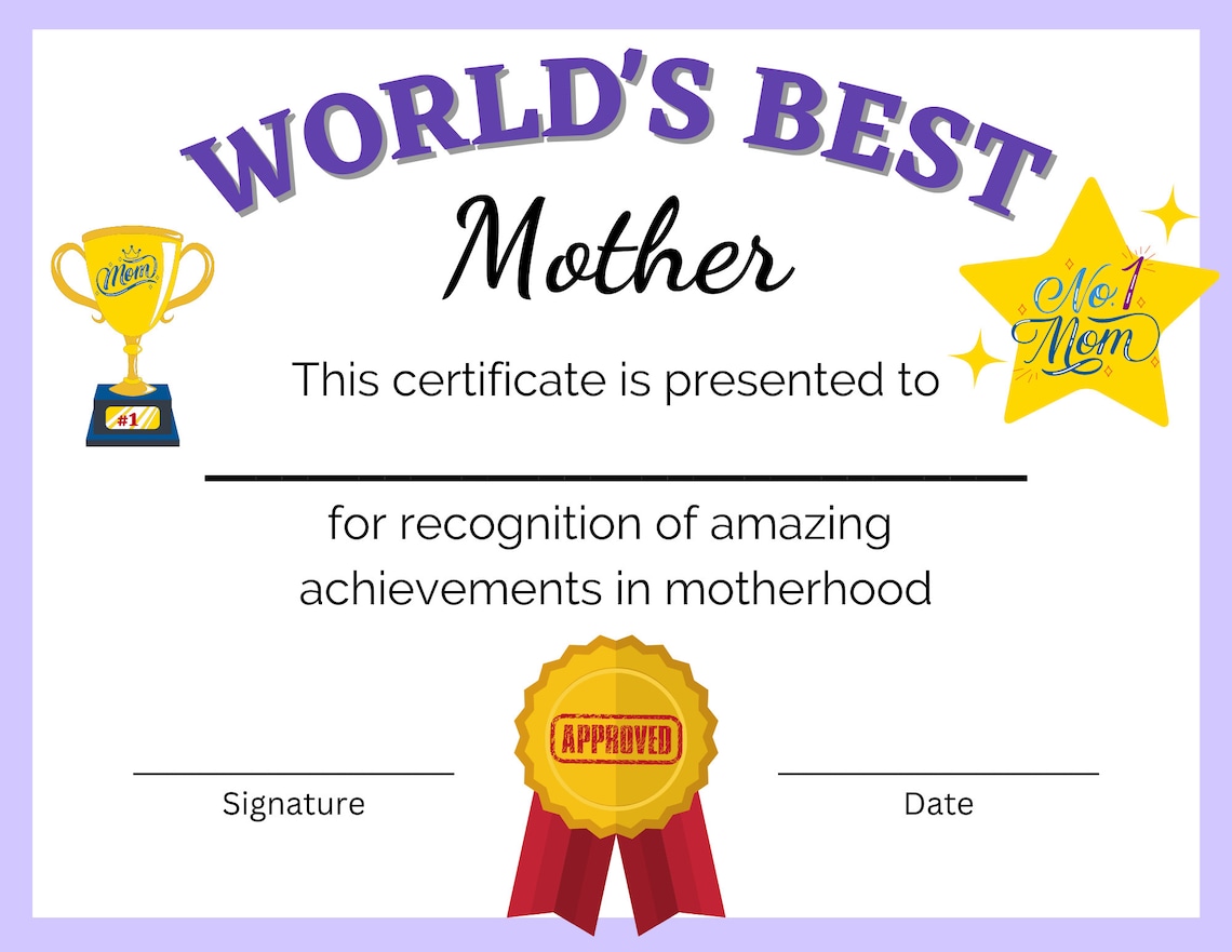 World's Best Mother Certificate of Recognition, Best Mother Award, 1 ...