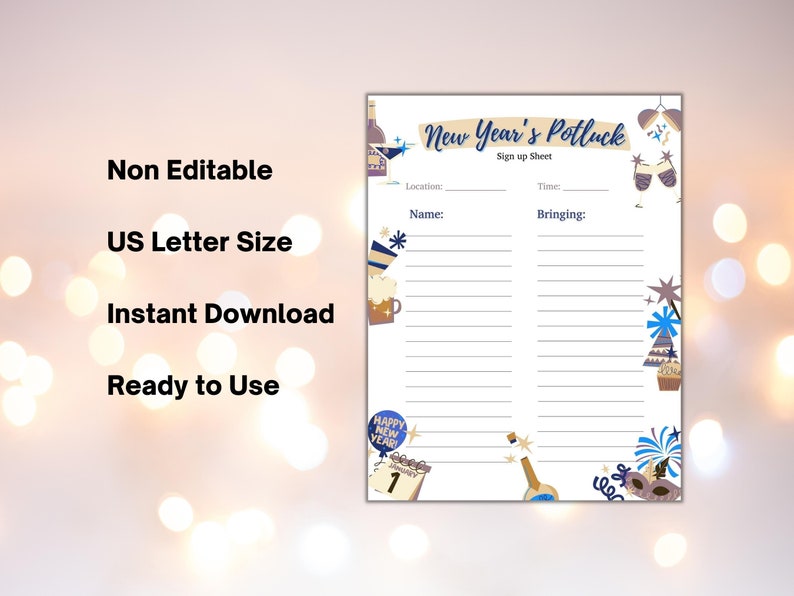New Year's Potluck Sign-up Sheet: Holiday Party Printable (PDF) - Etsy