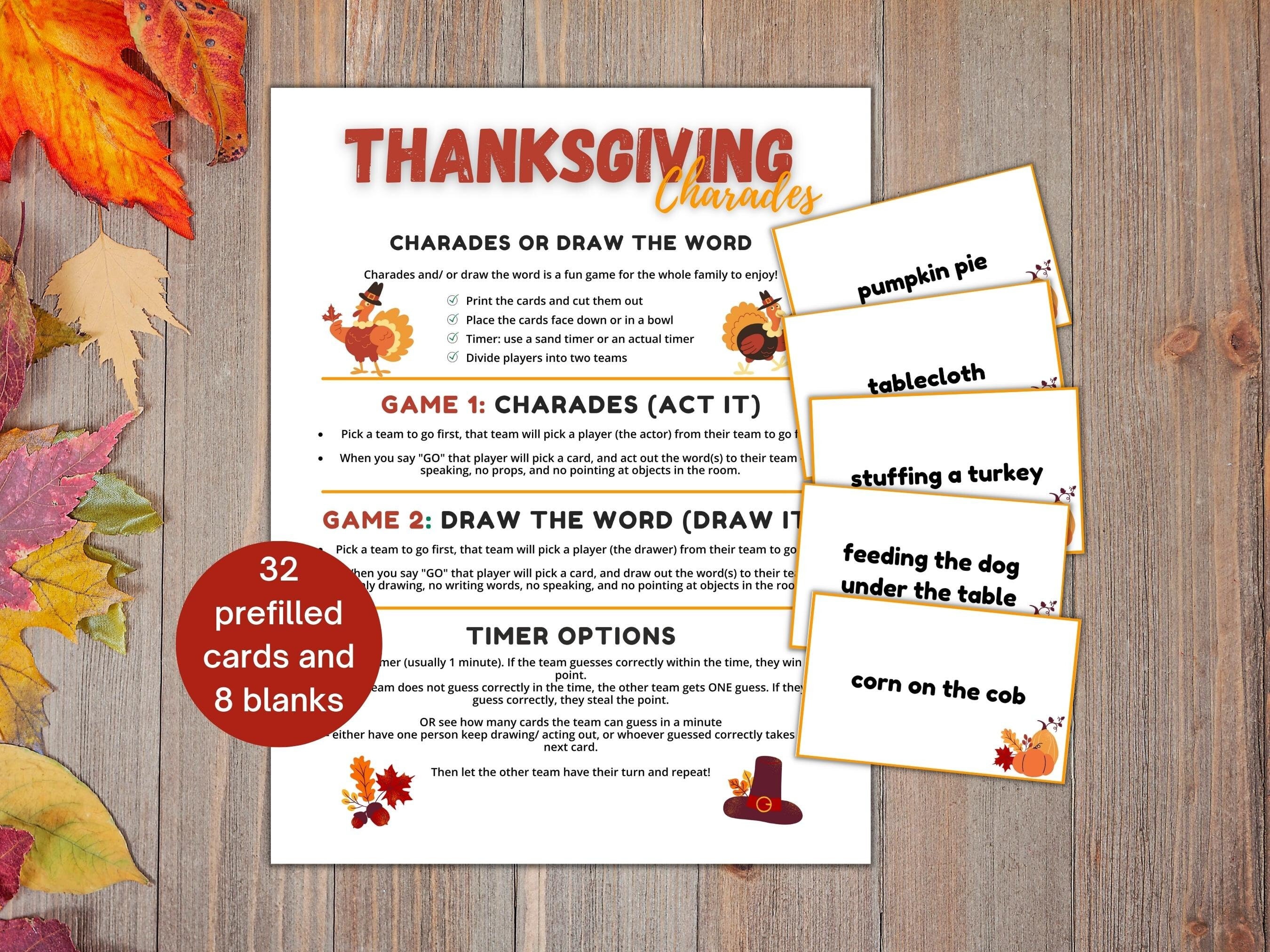 Thanksgiving Charades and Draw the Word Game Printable, Thanksgiving ...