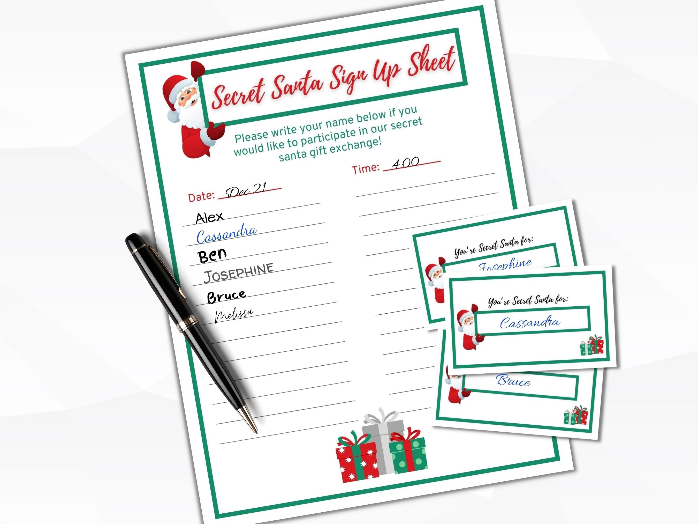 Secret Santa Sign up Sheet and Questionnaire, Printable Secret Santa ...