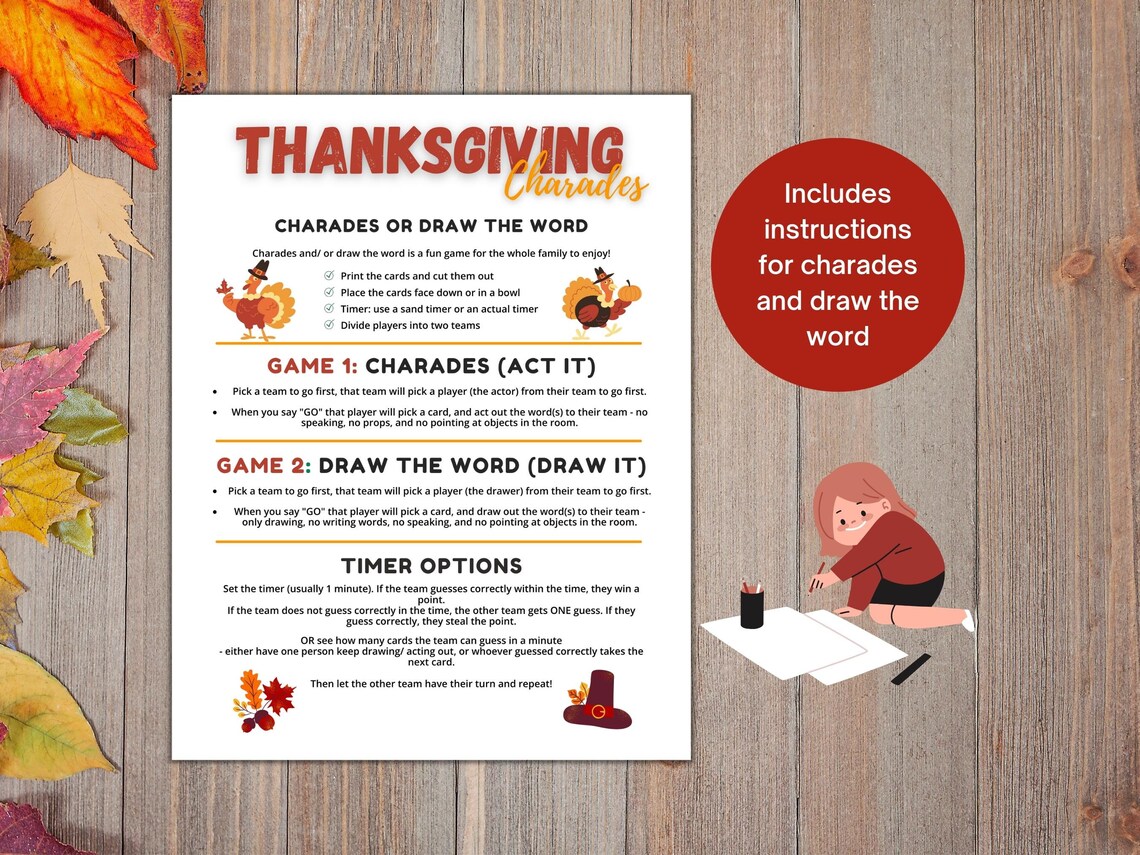 Thanksgiving Charades and Draw the Word Game Printable, Thanksgiving ...