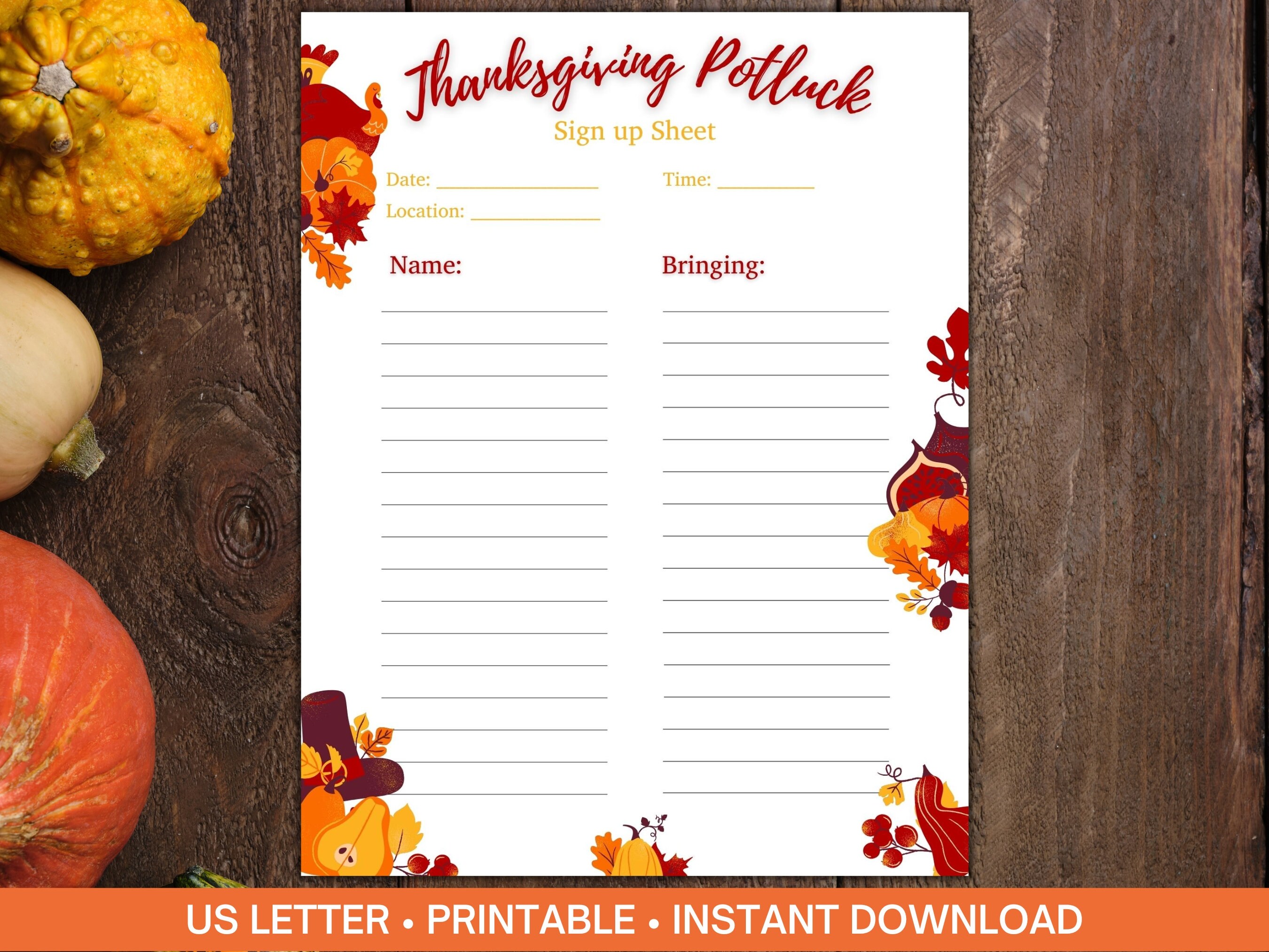 Thanksgiving Potluck Sign up Sheet Printable, Food Sign up Sheet ...