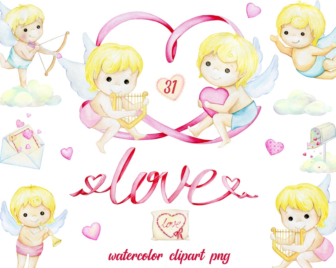 Acuarela Cupido Clipart Gráficos de amor del día de San - Etsy España