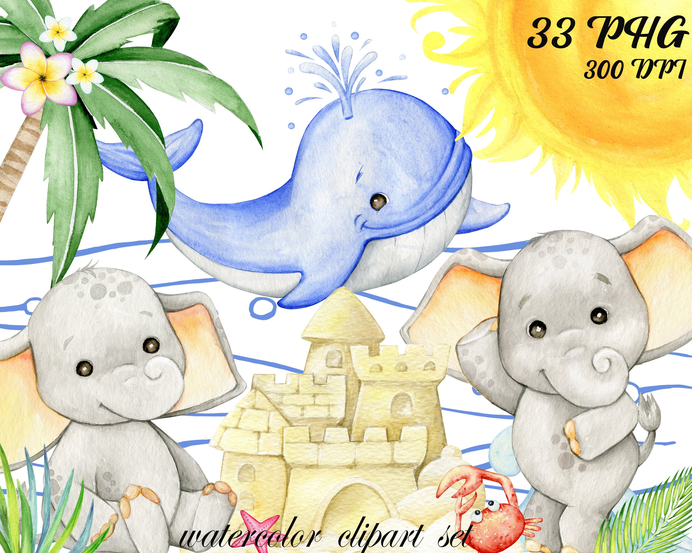 Elephant Watercolor Clipart Cute Tropical Animal. Whale - Etsy