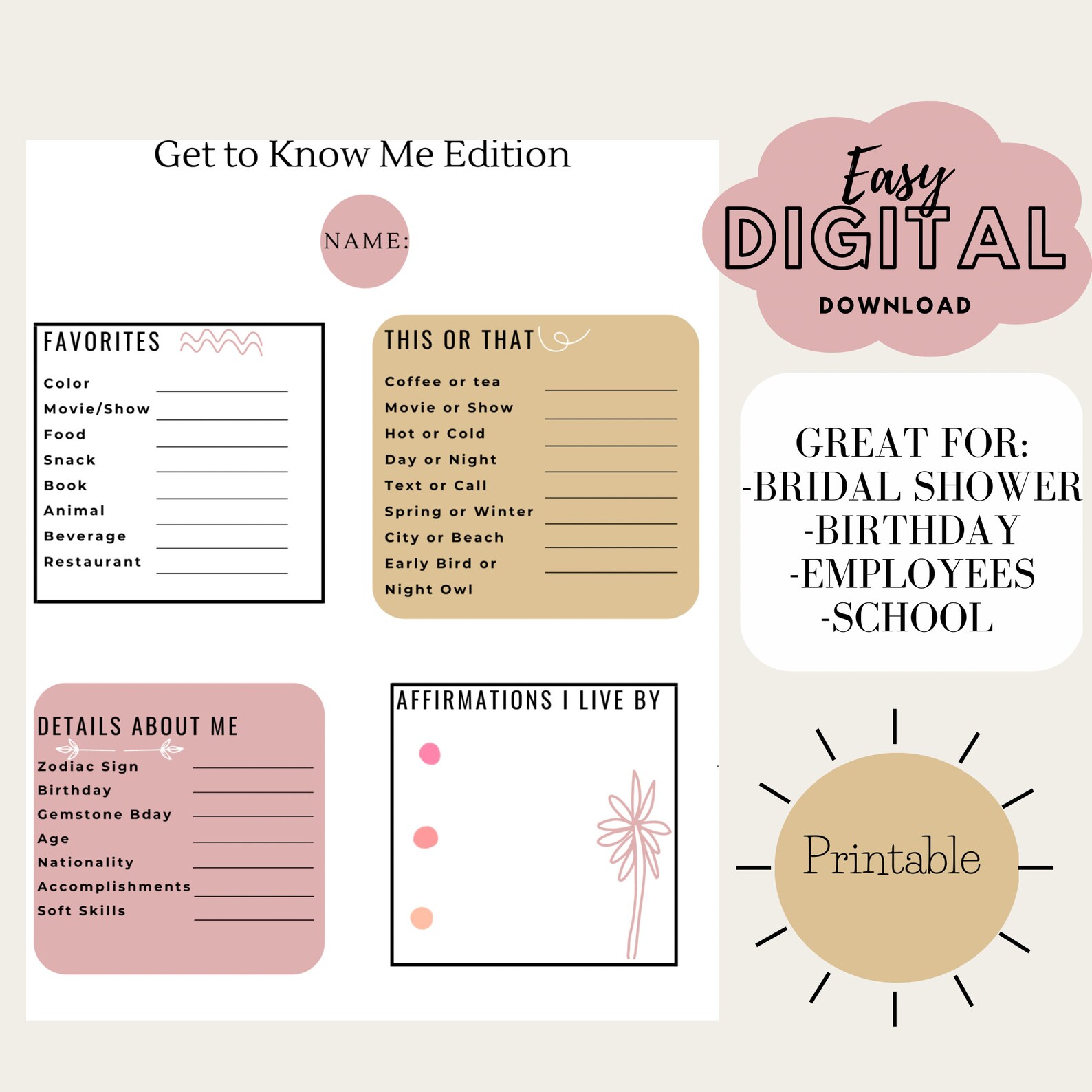 Get to Know Me Questionnaire/ Wedding/employee/school/bridal Shower ...