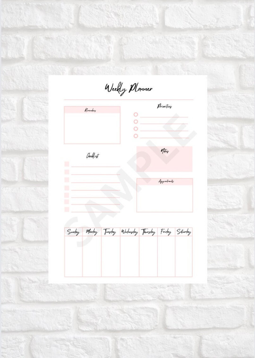Weekly Planner, Pink Themed Weekly Planner, Calendar, to Do List, Pink ...