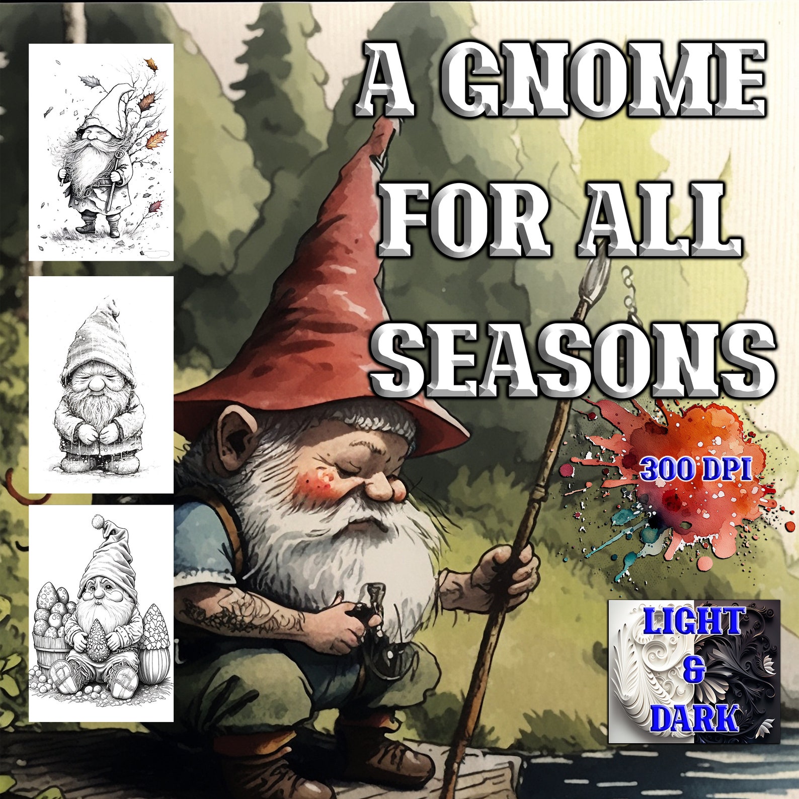 Gnome for All Seasons Coloring Pages | Printable Adult Coloring Book ...