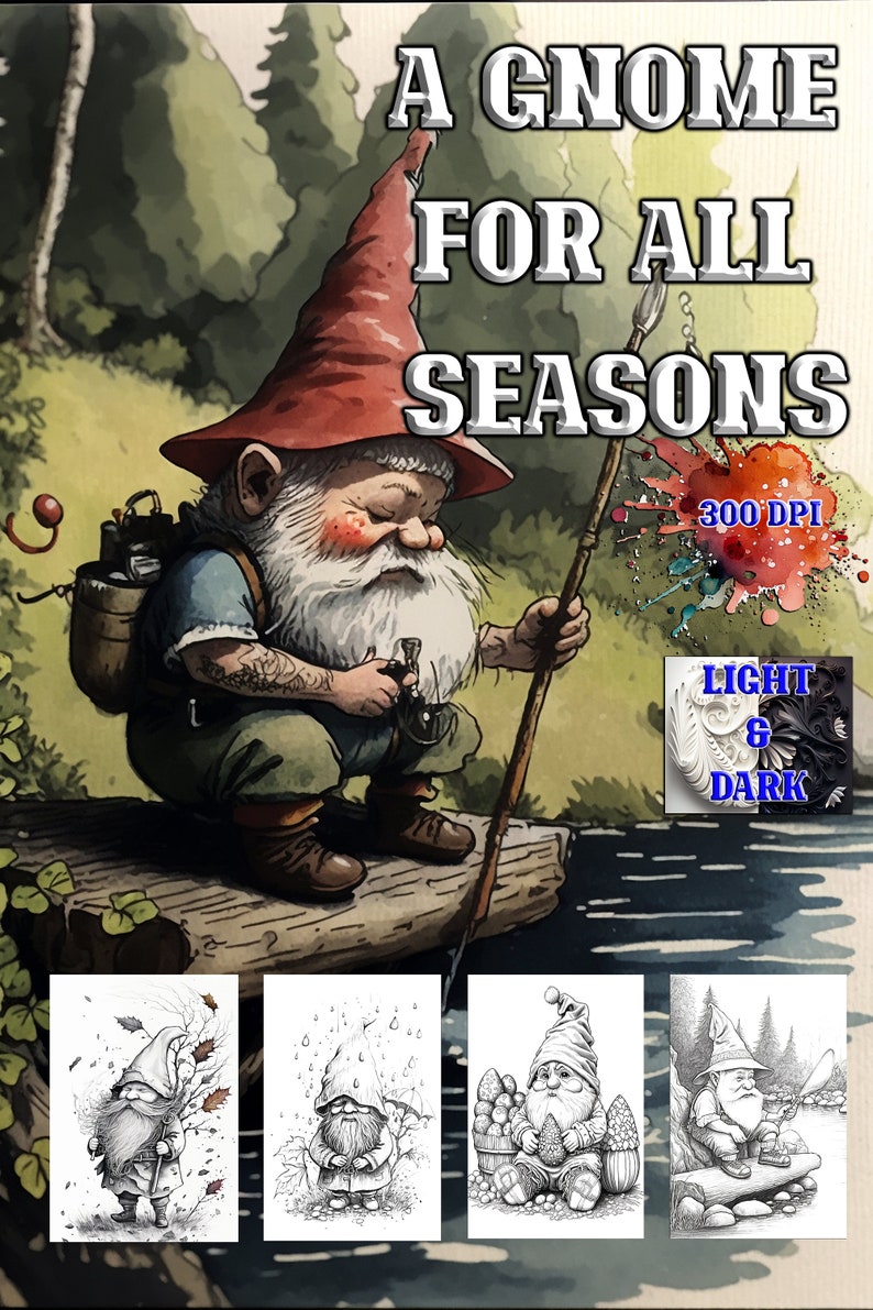 Gnome for All Seasons Coloring Pages | Printable Adult Coloring Book ...