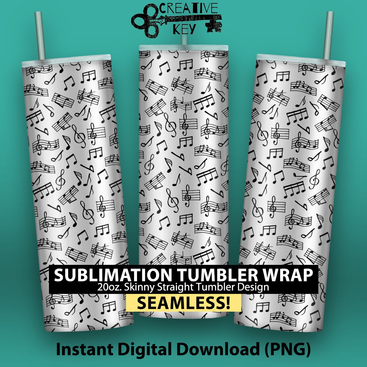 Music Notes - Black & White Pattern - 20oz Skinny Sublimation Tumbler ...