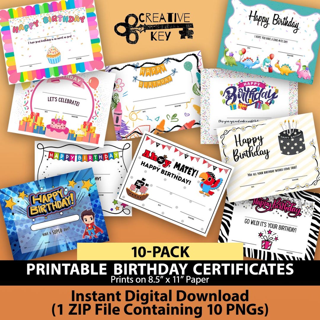 Printable Happy Birthday Certificate Designs - 10-pack Download - 8.5 ...