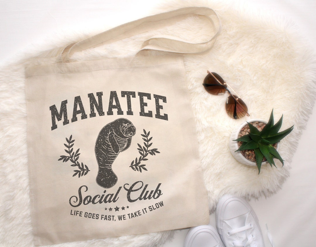 Manatee Social Club Tote Bag Cute Funny Manatee Gift for Sea Cow Chubby ...