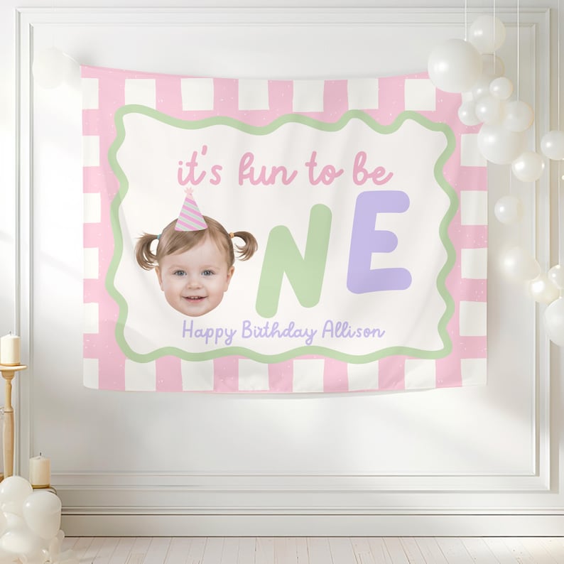 Fun to Be ONE Custom 1st Birthday Banner: Baby Girl Photo First ...