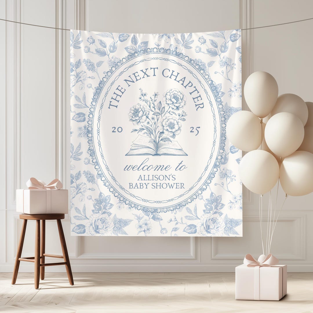 Custom Next Chapter Book Baby Shower Toile Photo Backdrop Personalized ...