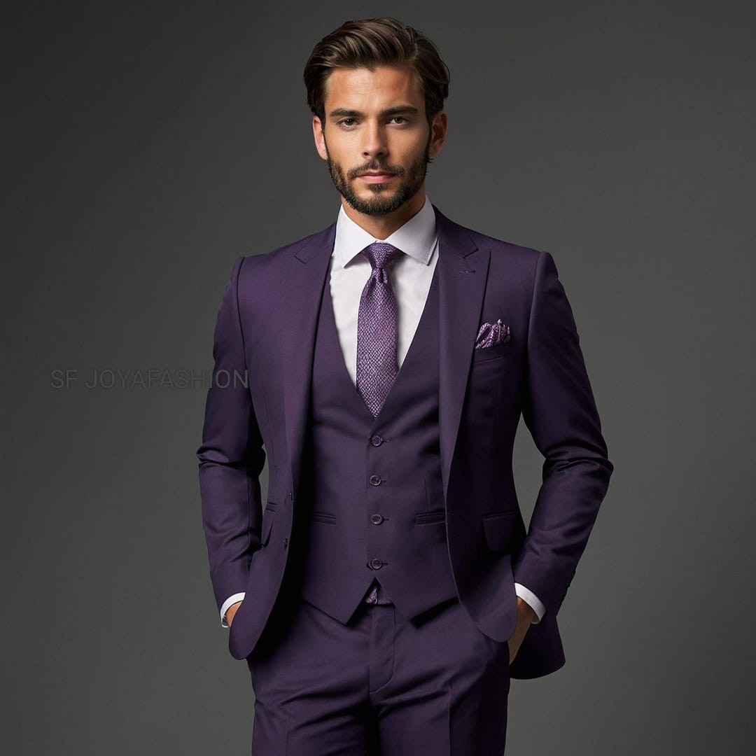 Men's Purple Suits, Wedding Suit Grooms Wear Suit 3 Piece Suit One ...
