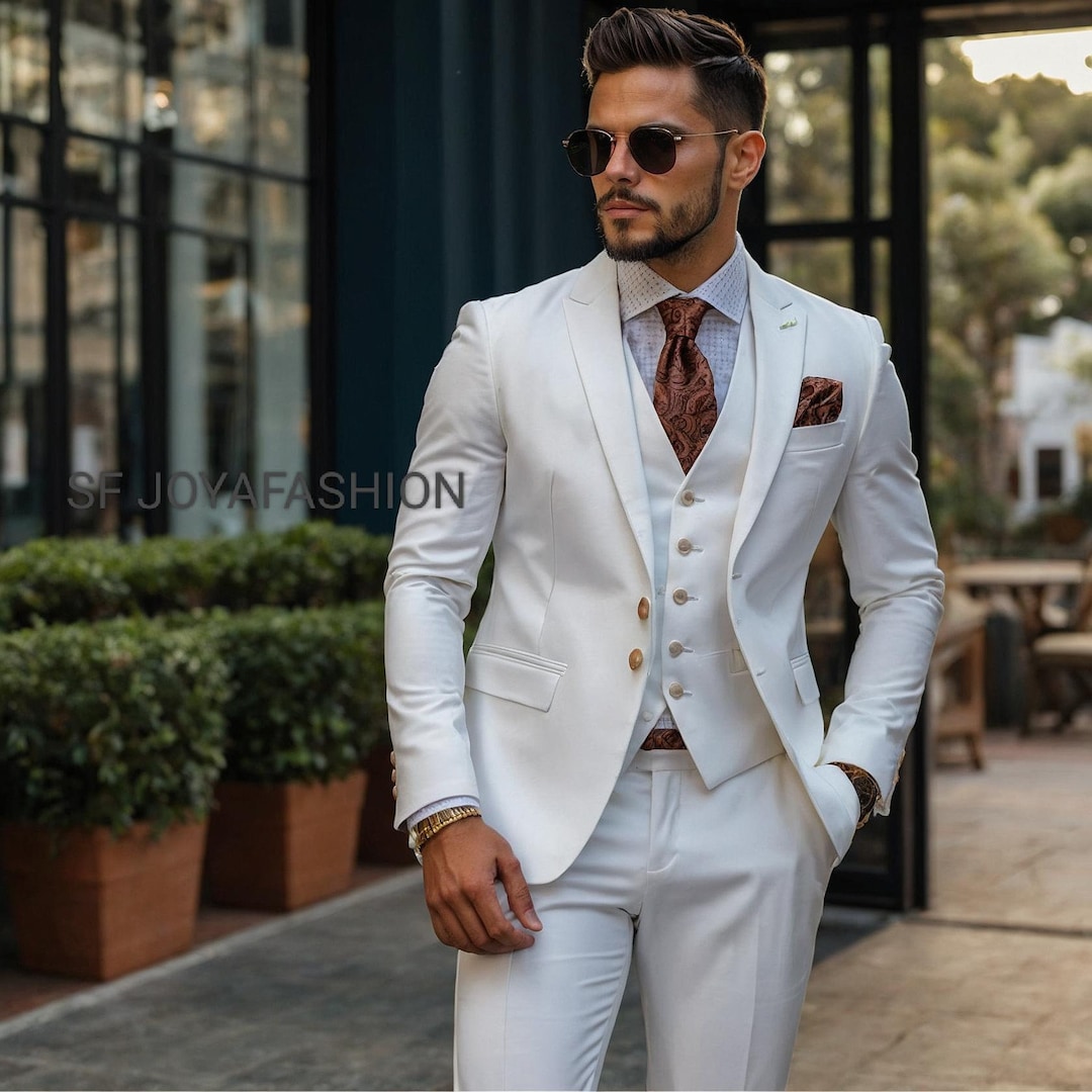 Men White 3 Piece Suits Wedding Suit Grooms Wear Suit One Button Suit ...