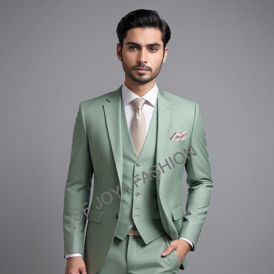 Men Suits, Sage Green Suits, Wedding Suits, Grooms Wear Suit, 3 Piece Suit, One Button Event ...