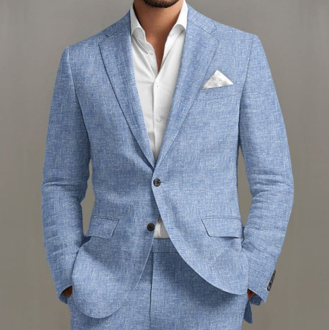 Men Linen Suits, Sky Blue Suits, Wedding Suits, Grooms Wear Suit, 2 ...