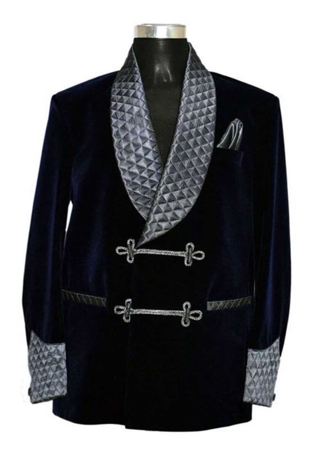 Men's Navy Blue Velvet Dressing Smoking Jackets Event Wear Robes ...