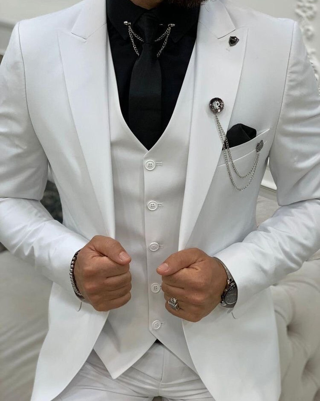 Men White 3 Piece Suits Wedding Suit Grooms Wear Suit One Button Suit ...