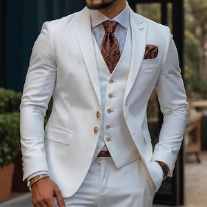 Men White 3 Piece Suits Wedding Suit Grooms Wear Suit One Button Suit ...