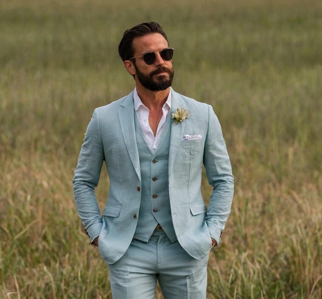 Light Blue Best Men's Linen 2-piece Suits for Summer Weddings ...
