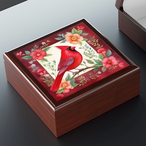 Rustic Folk Art Male Cardinal Design Wooden Keepsake Jewelry Box Unique ...