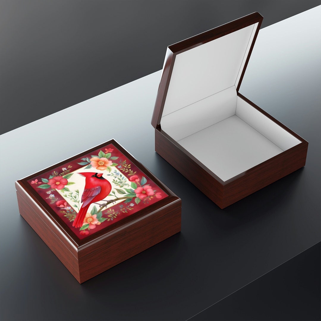 Rustic Folk Art Male Cardinal Design Wooden Keepsake Jewelry Box ...