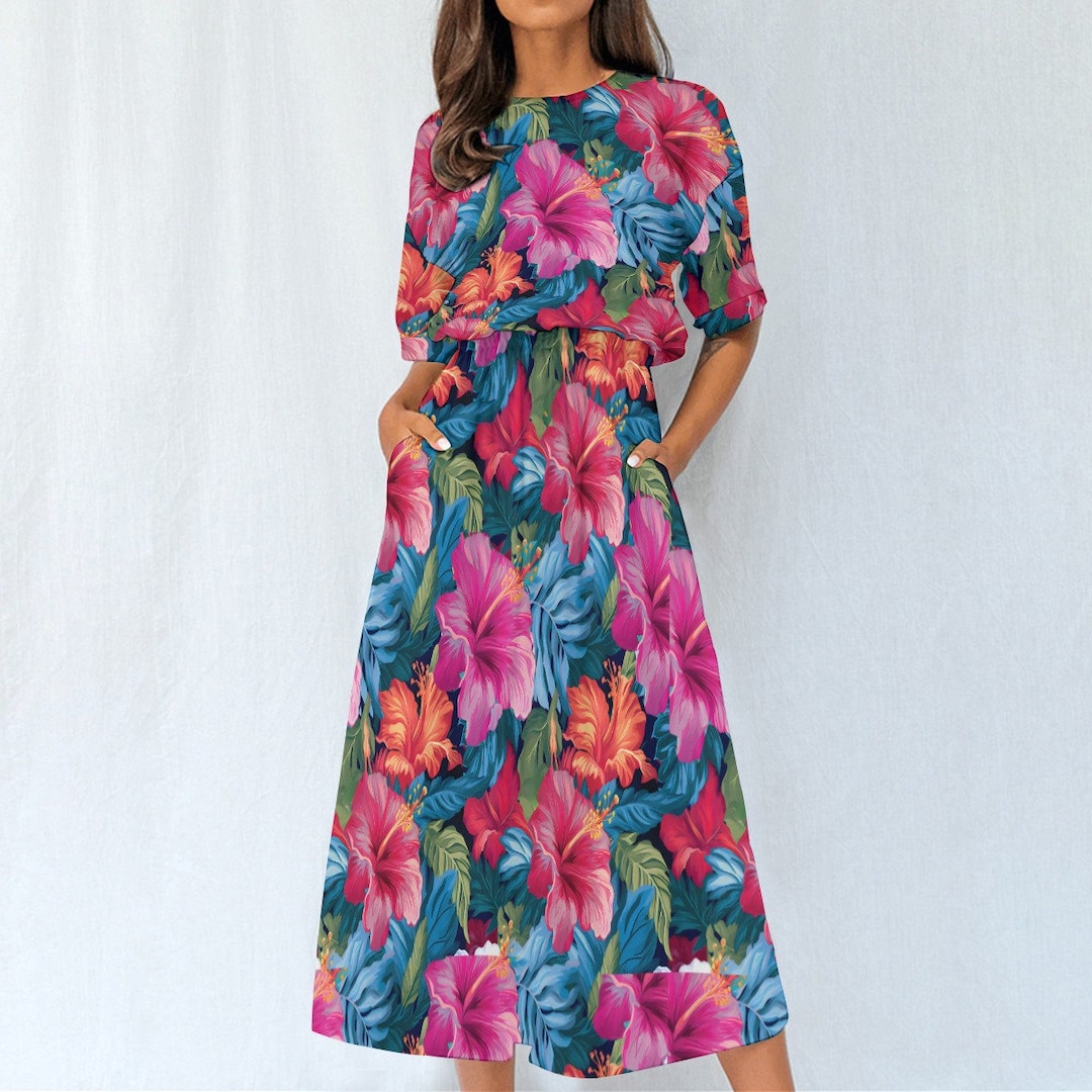 Vintage BOHO Hawaiian Hibiscus Flower Dress - Etsy