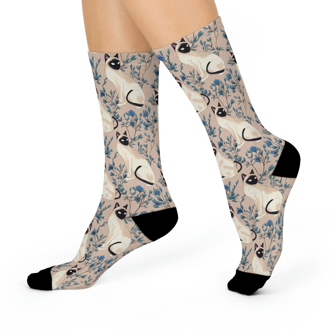 Japandi Style Siamese Cat Design Cushioned Crew Socks - Etsy