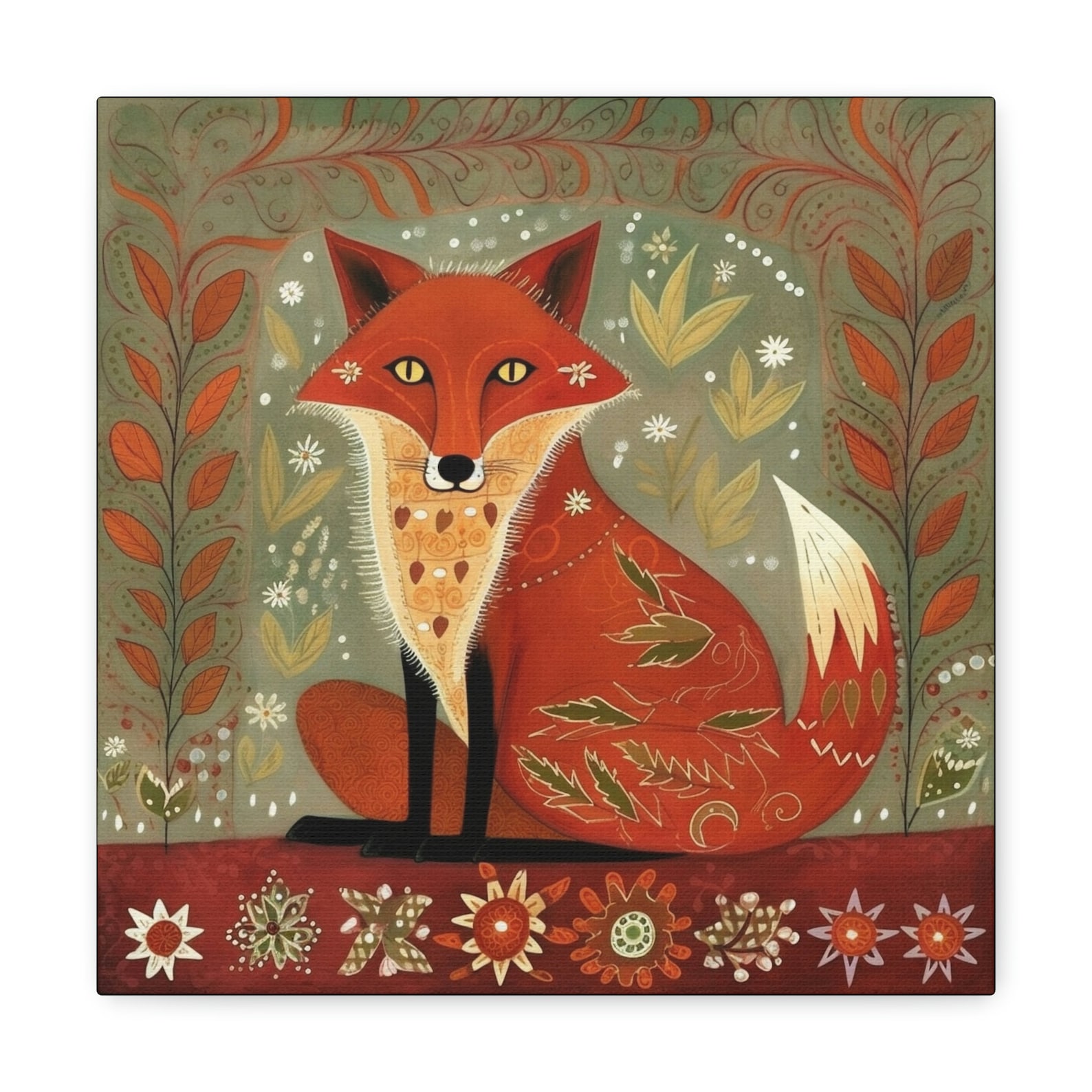 Rustic Folk Art Red Fox Design Canvas Gallery Wraps Perfect Gift for ...